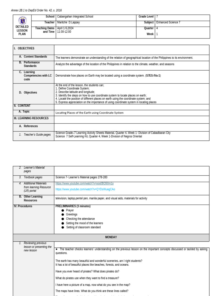 Lesson Plan: Coordinate System in Science | PDF | Latitude | Longitude