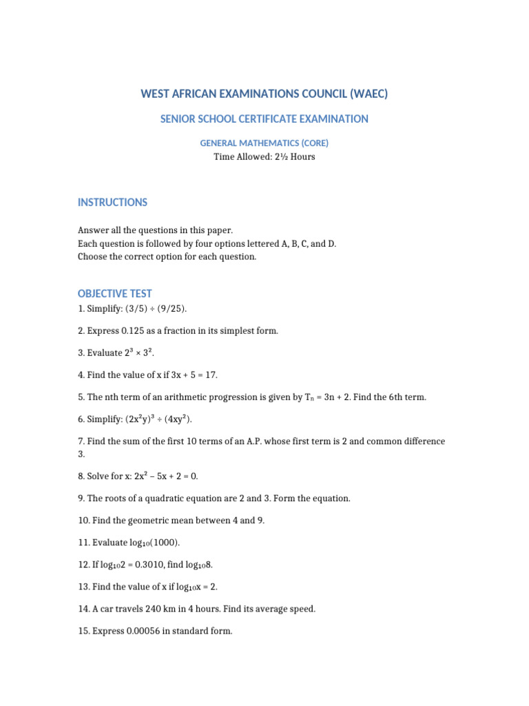 WAEC Mathematics Paper | PDF | Equations | Quadratic Equation