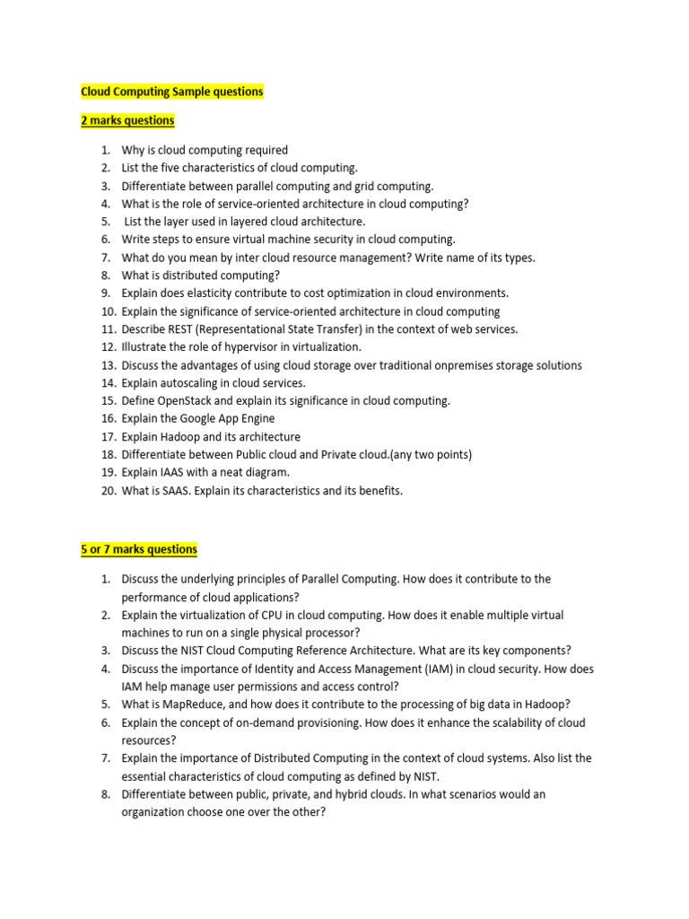 Sample Questions - Cloud Computing | PDF | Cloud Computing | Virtualization
