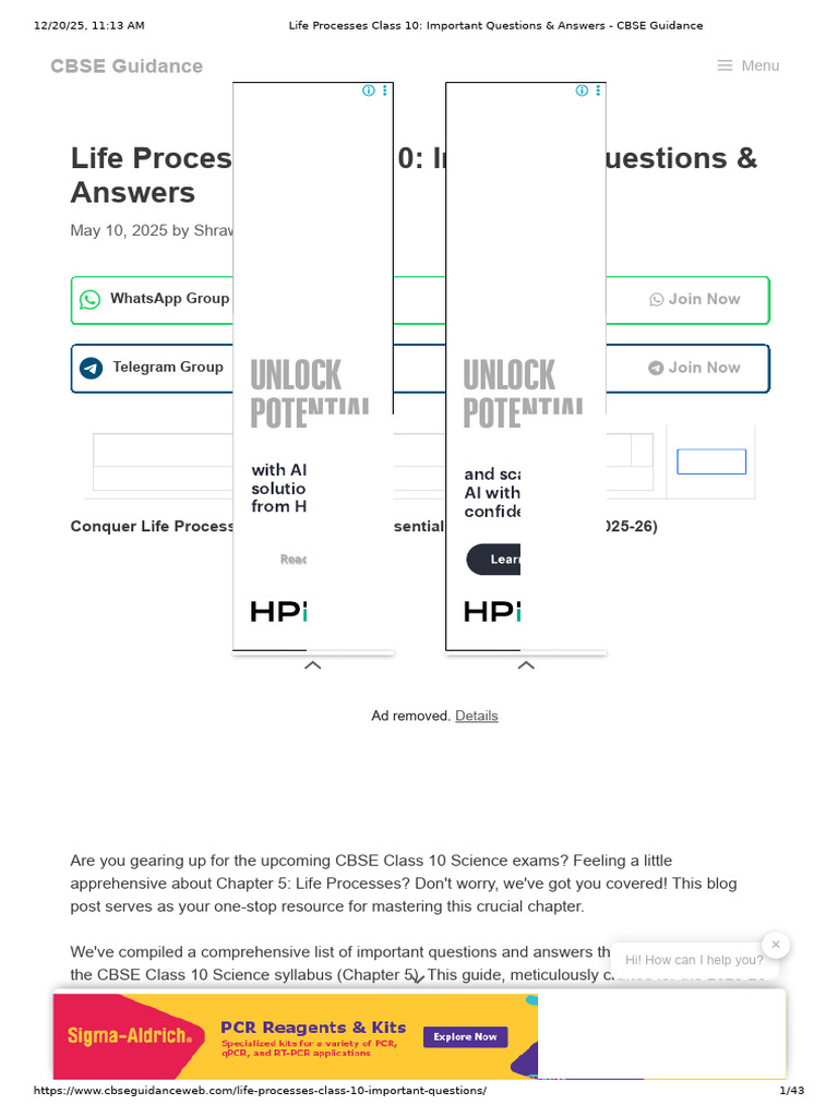 Life Processes Class 10_ Important Questions & Answers - CBSE Guidance ...