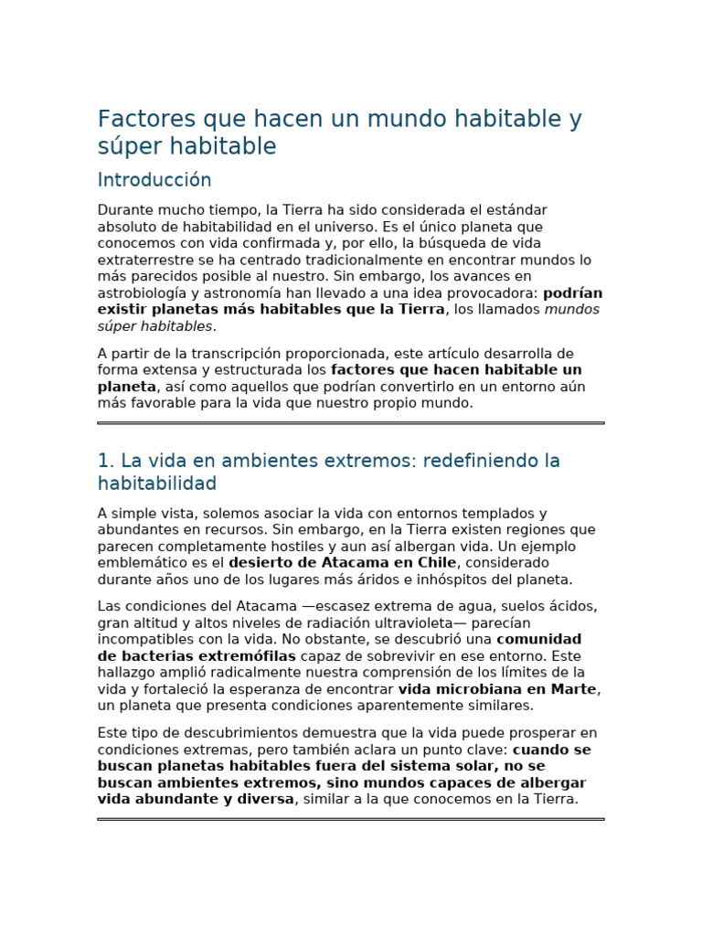 Factores Que Hacen Un Mundo Habitable Y Súper Habitable | PDF ...