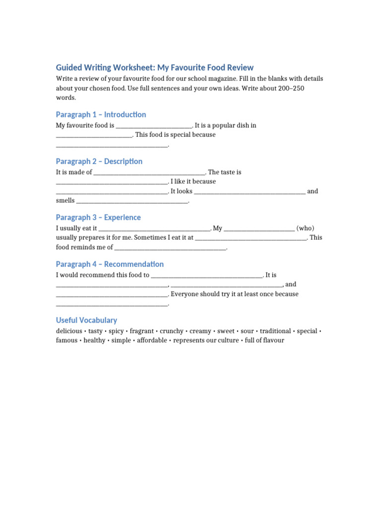 Food Review Writing Worksheet | PDF