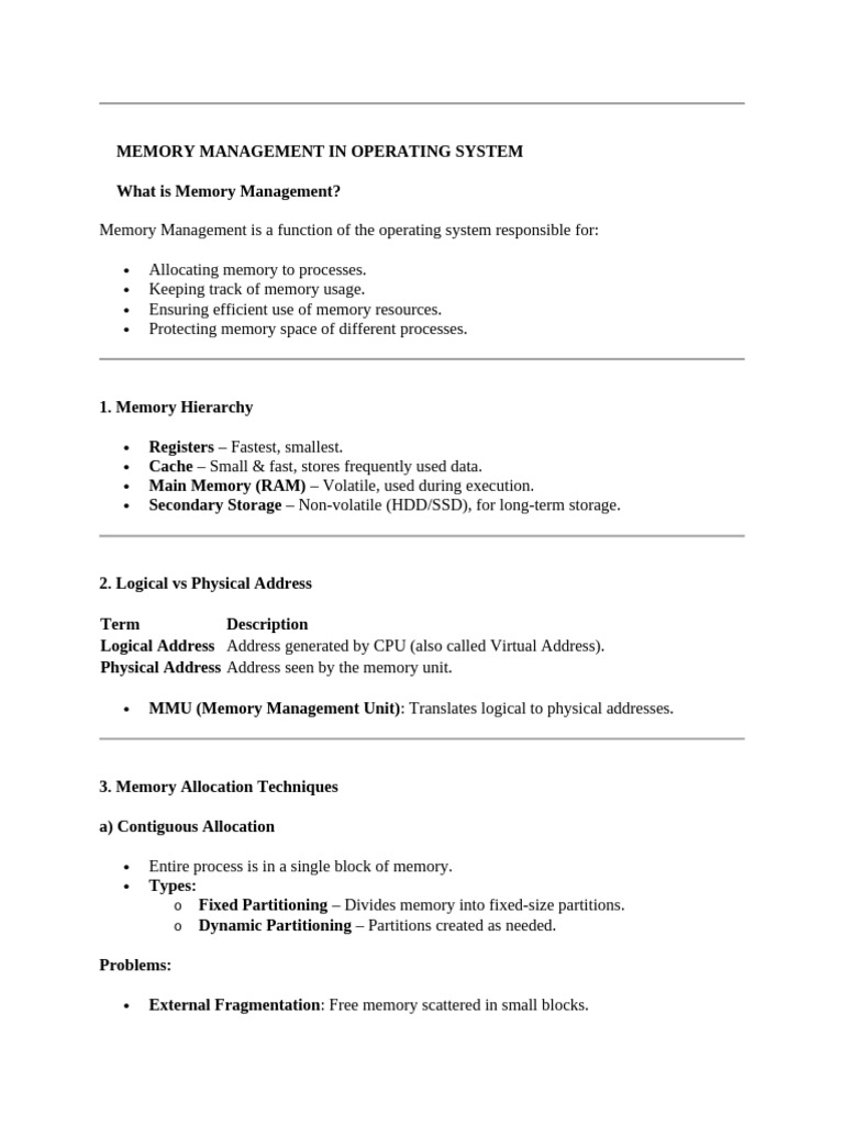 ? MEMORY MANAGEMENT IN OPERATING SYSTEM | PDF | Computer Data Storage | Computer Science