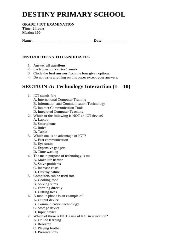 Grade 7 ICT Exam Questions | PDF | Computer Data Storage | Random ...