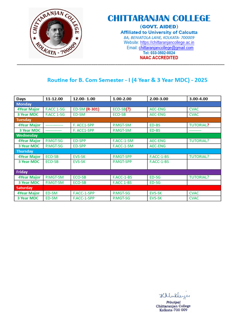 Class Routine of Com for ODD SemSem 1 2025 | PDF