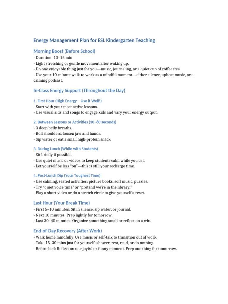 ESL Teacher Energy Management Plan | PDF