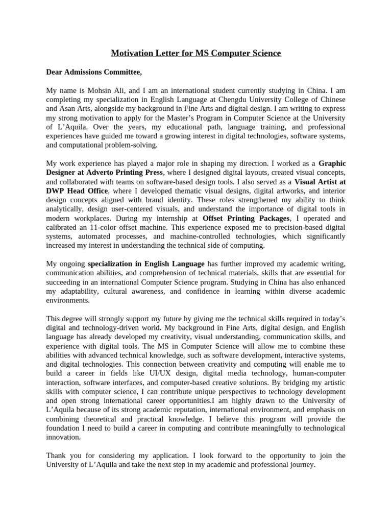 MS Computer Science Motivation Letter | PDF | Computer Science ...