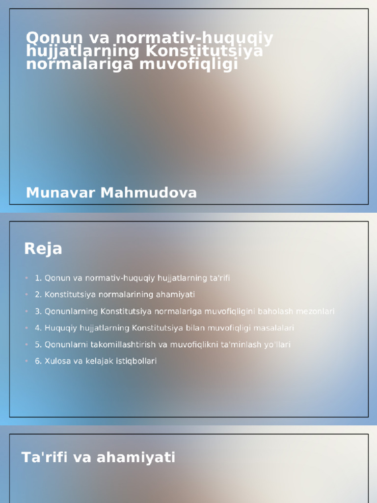 Slayd Munavar Mahmudova Qonunvanormativ-Huquqiy | PDF