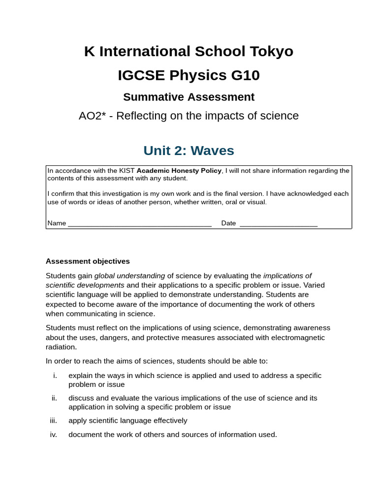 IGCSE Physics Waves Assessment Guide | PDF | Electromagnetic Radiation ...