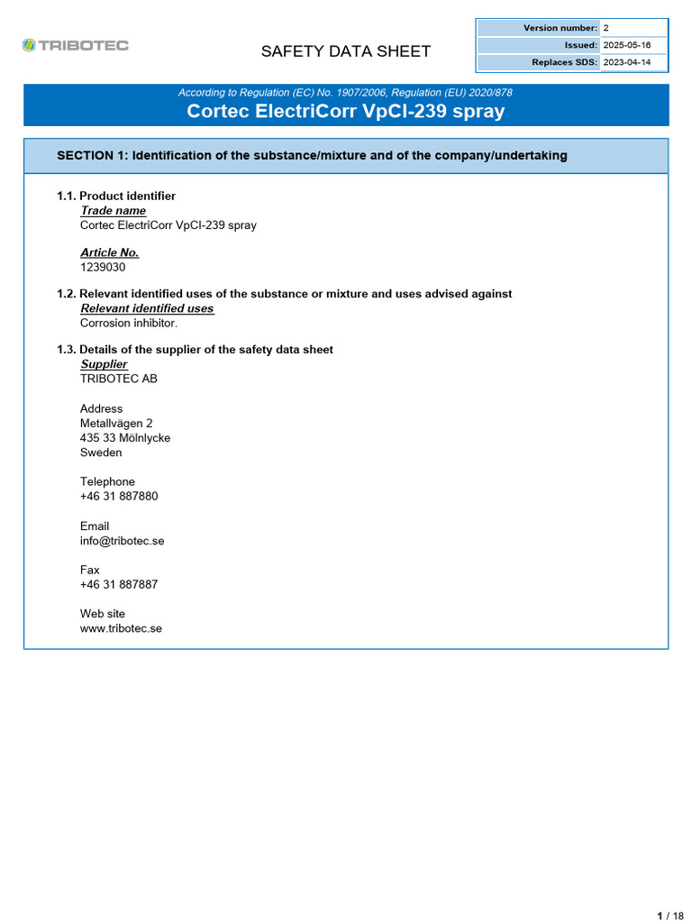 Cortec ElectriCorr VpCI-239 SDS | PDF | Dangerous Goods | Toxicity