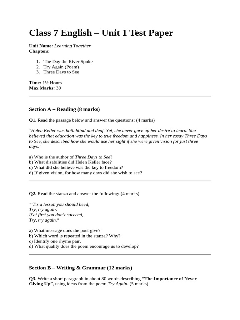 Class 7 English Unit 1 Test Paper | PDF