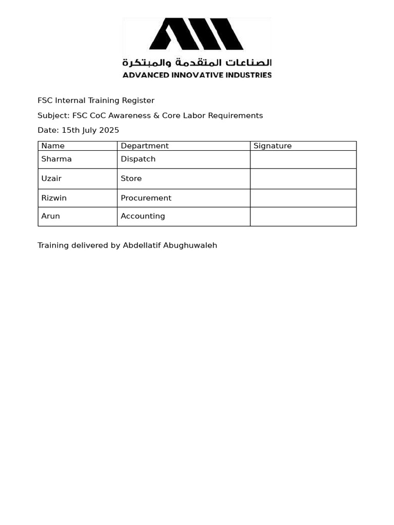 FSC CoC Awareness Training Register | PDF