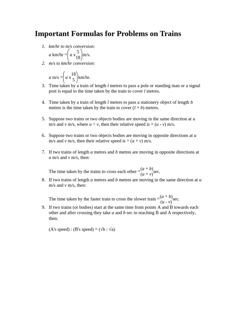 Essential Train Problem Formulas | PDF | Prices | Speed