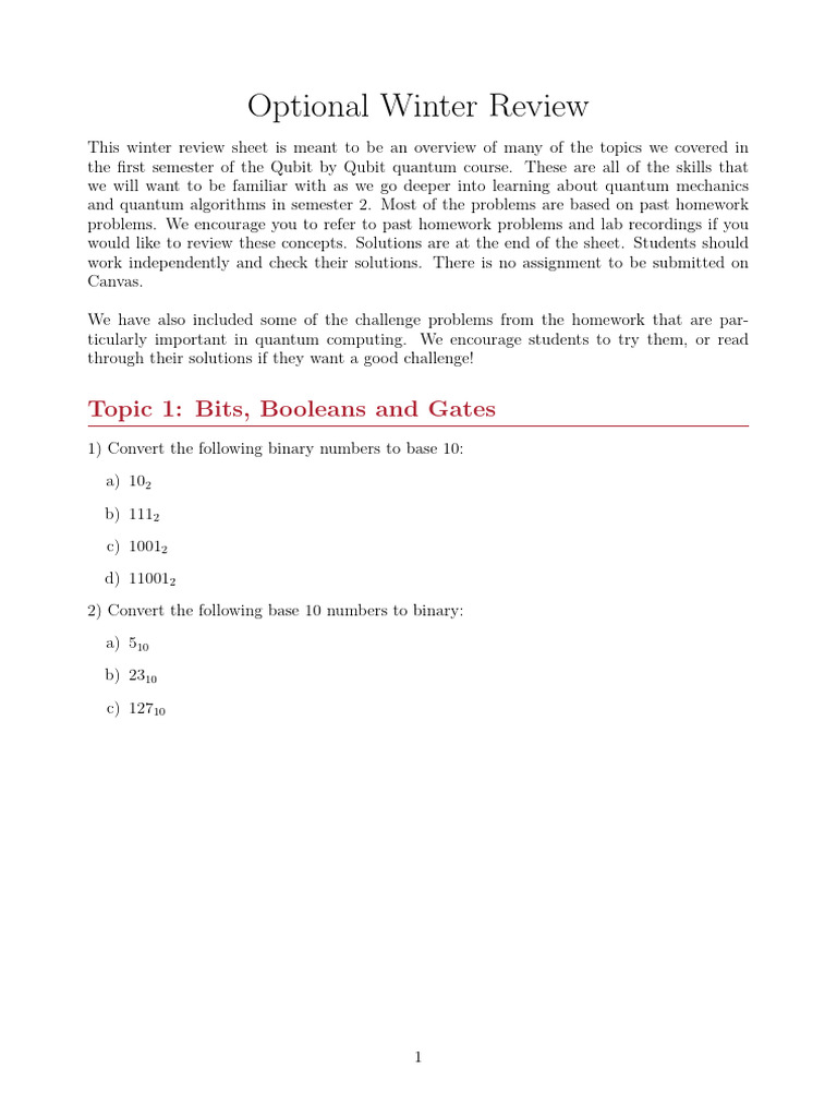 Optional Winter Review Problems | PDF | Quantum Computing | Matrix ...