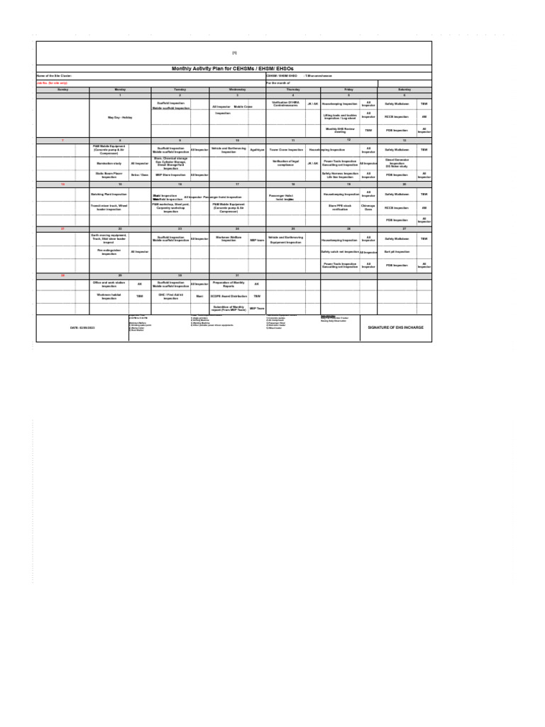 Monthly EHS Inspection Activity Plan | PDF | Manufactured Goods ...