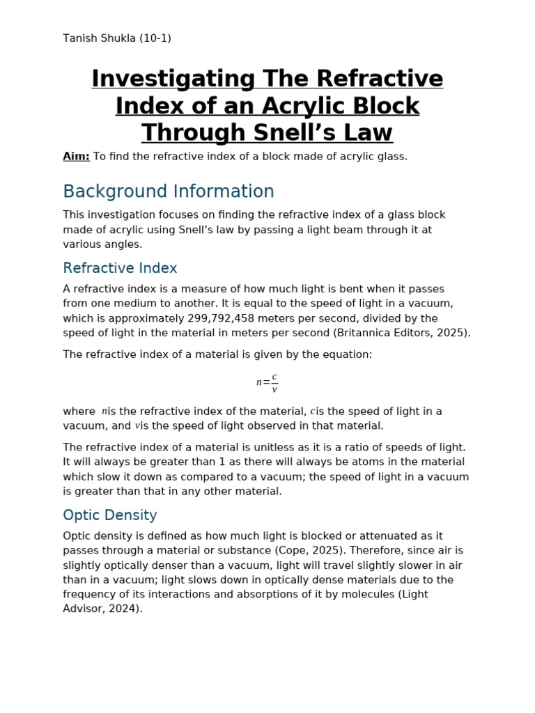 Tanish Shukla Physics AO3 - Investigating the Refractive Index of ...