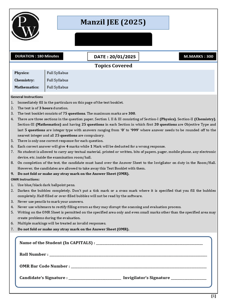 Practice Test 06 - Test Papers (PCM) | PDF | Spectral Line | Frequency