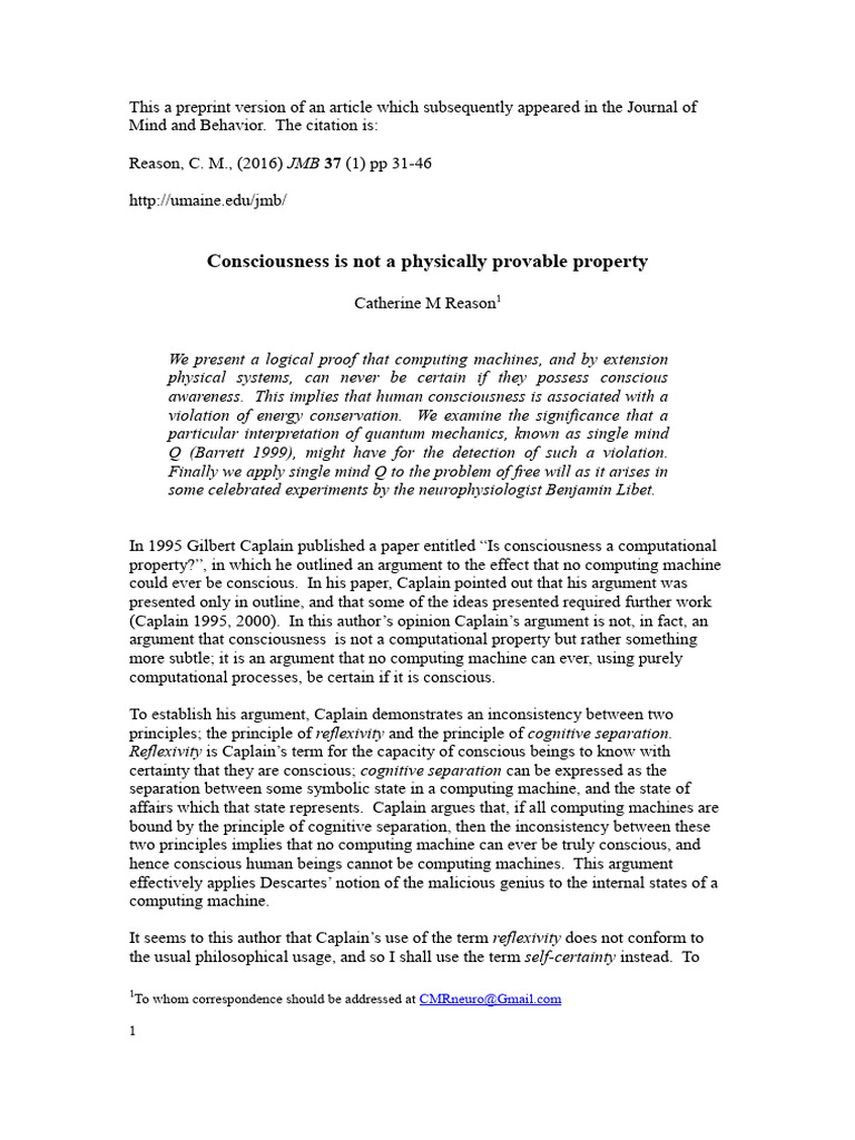 Consciousness is Not a Physically Provab | PDF | Consciousness ...