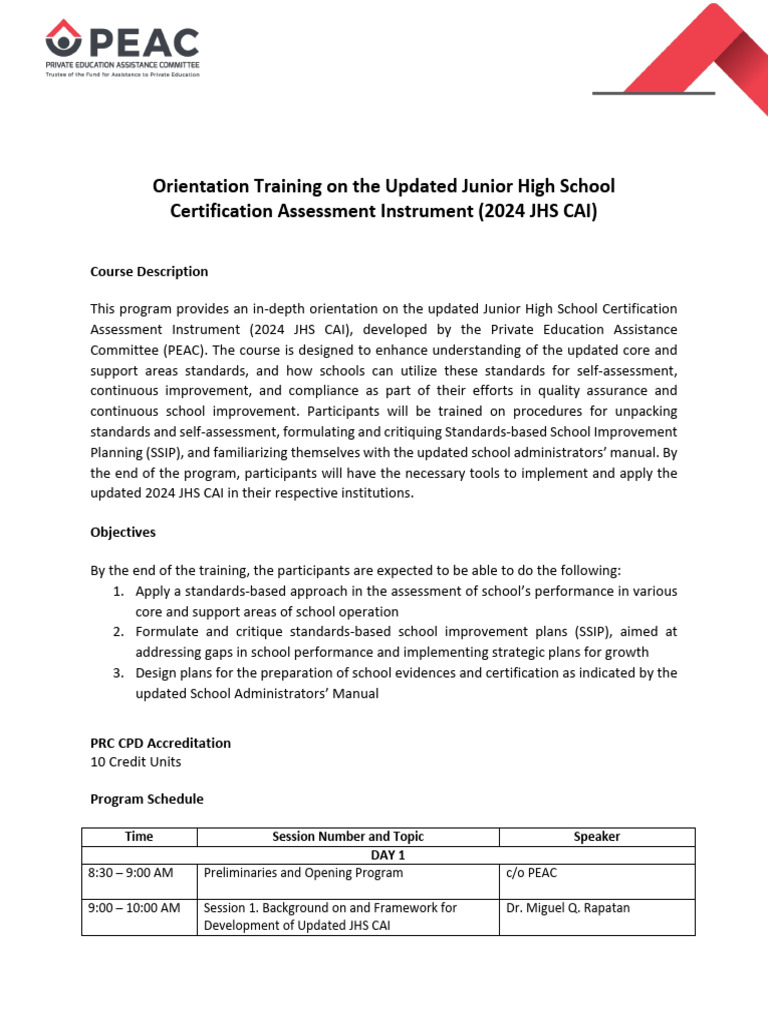 PROGRAM_Orientation Training on 2024 JHS CAI_as of 11.20.2024 | PDF
