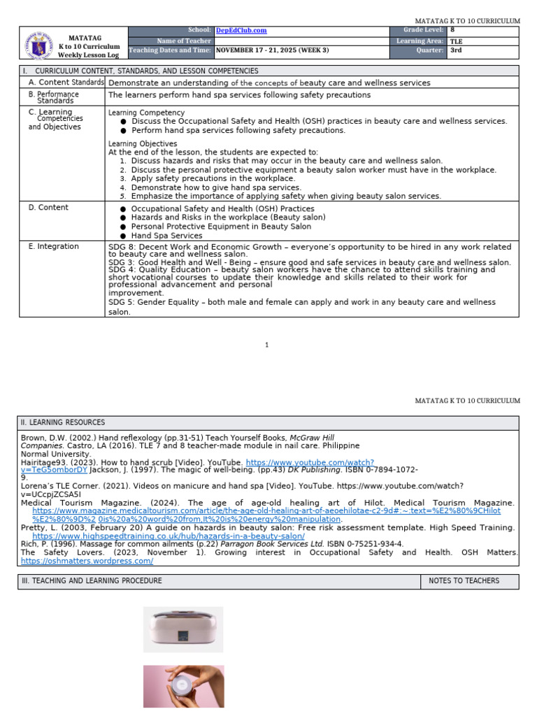 TLE Week 3: Hand Spa Safety Lesson | PDF | Hand | Finger