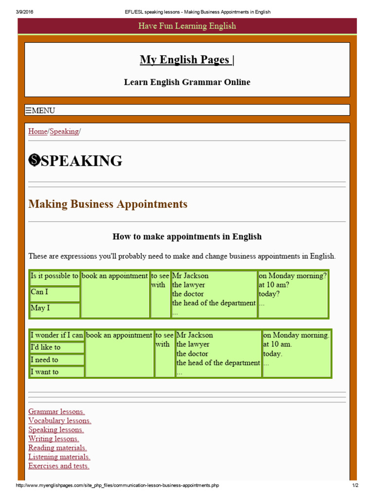 EFL_ESL Speaking Lessons - Making Business Appointments in English ...