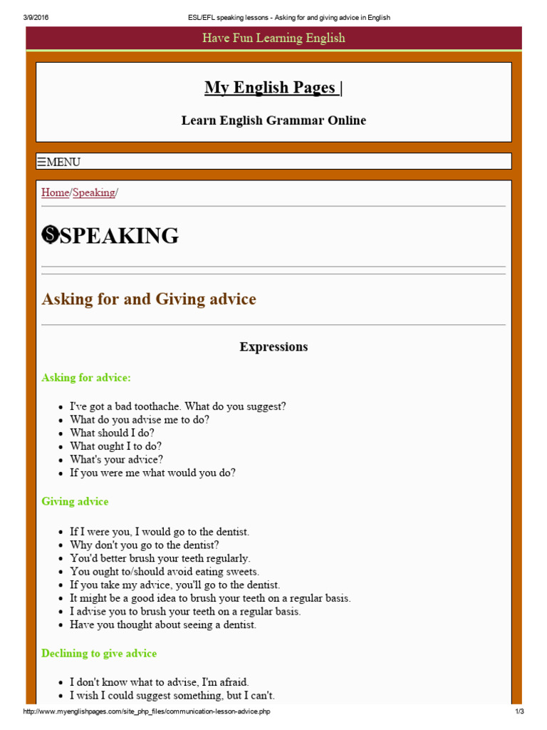 ESL Lessons: Asking & Giving Advice | PDF | English As A Second Or ...