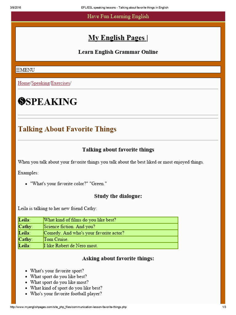 EFL_ESL Speaking Lessons - Talking About Favorite Things in English ...
