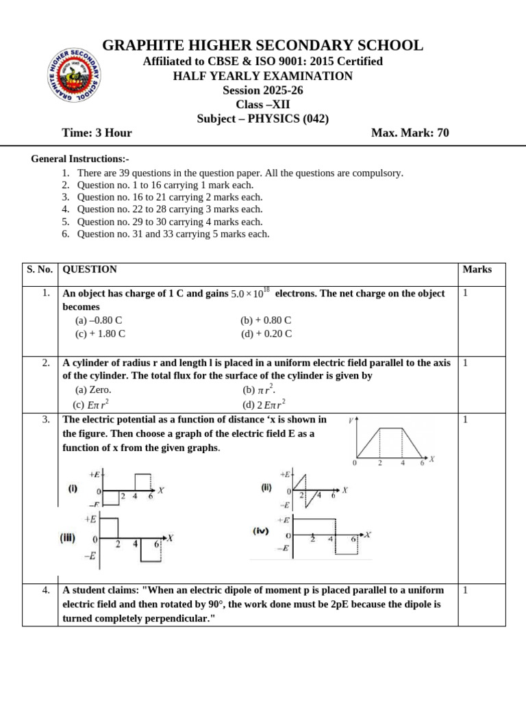 Class XII Physics QP HYE 2025 | PDF | Electrical Resistivity And Conductivity | Capacitor