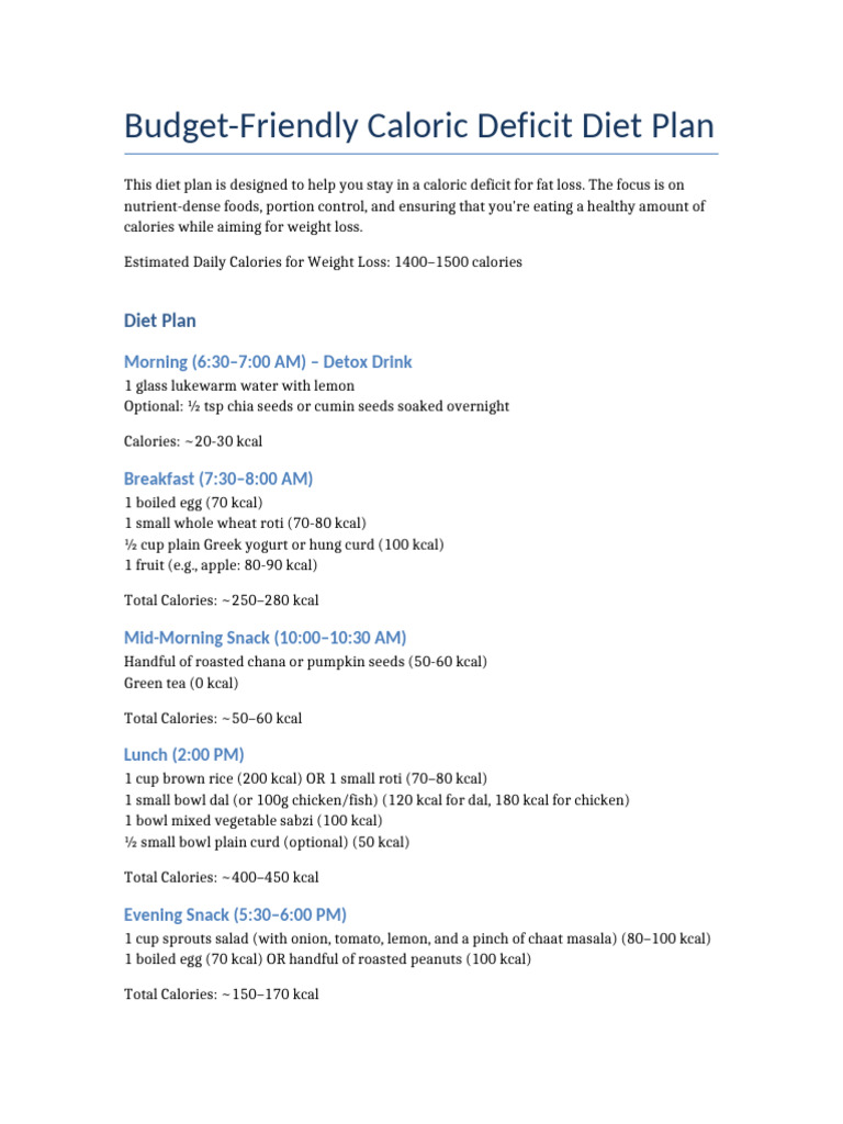Budget Caloric Deficit Diet Plan | PDF