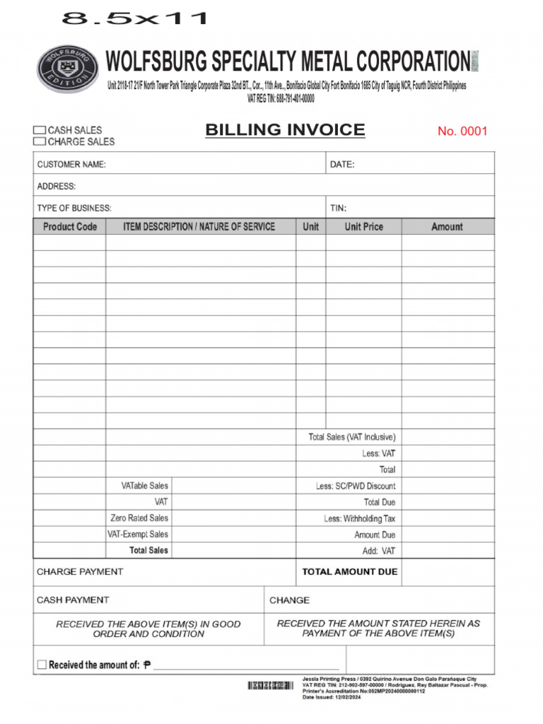 Wolfsburg Specialty Metal Invoice 0001 | PDF