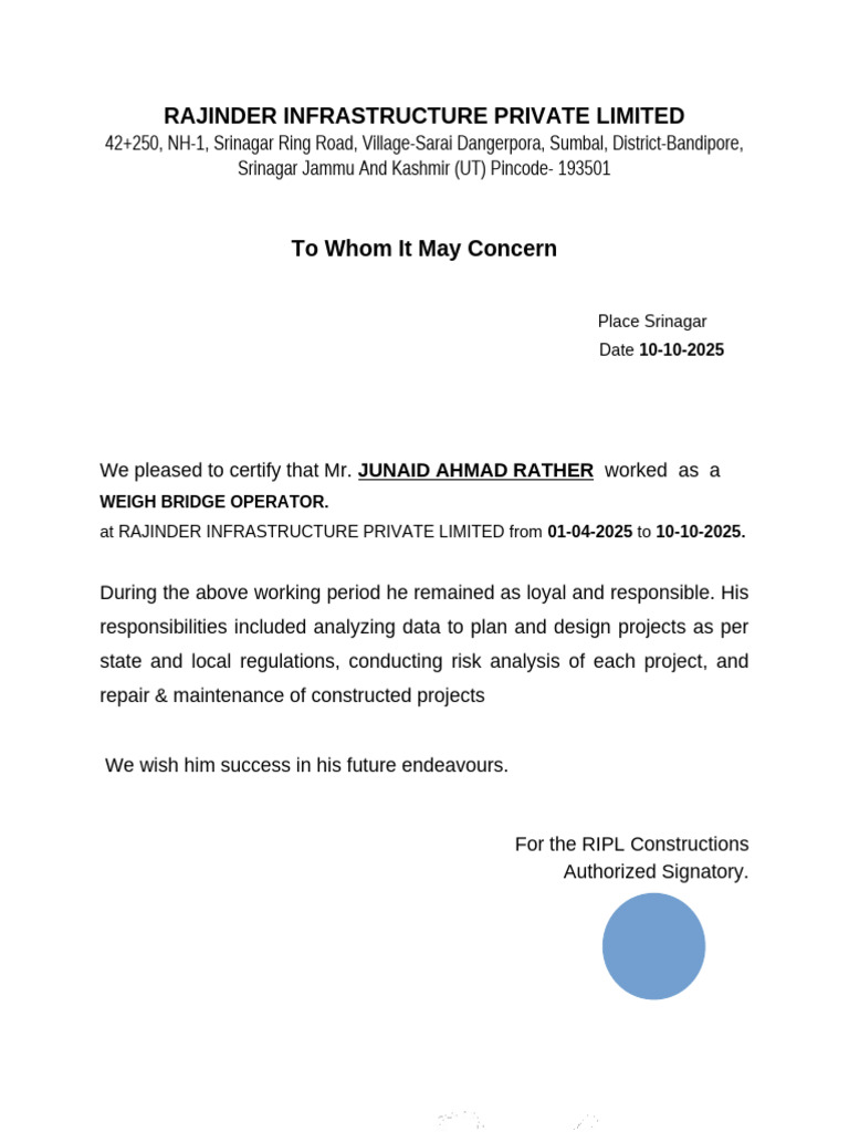 Project Engineer Experience Certificate Format[1] | PDF