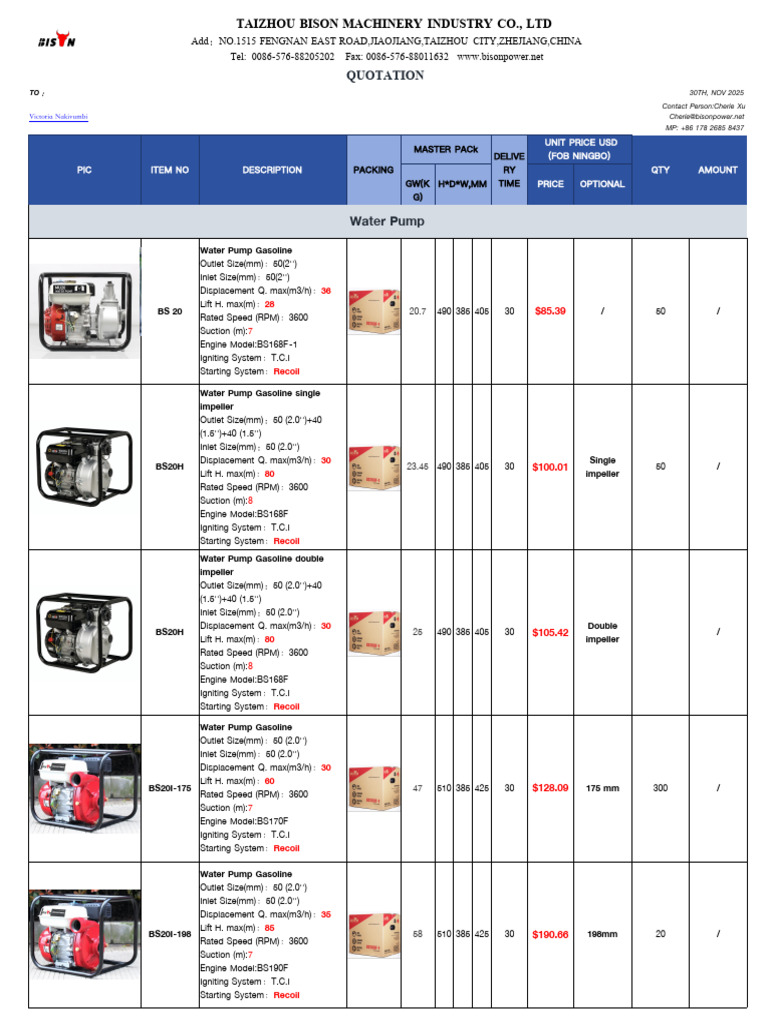 Taizhou Bison Water Pump Quotation | PDF | Pump | Engines