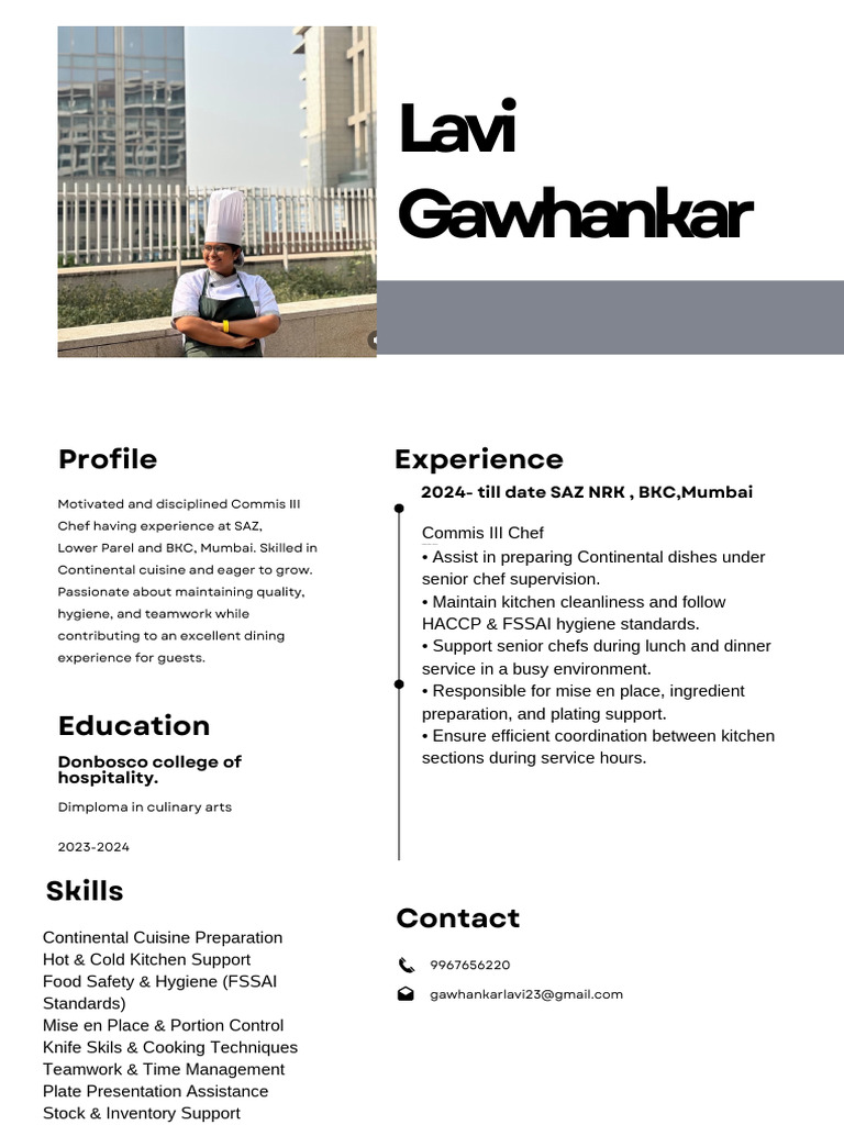 Commis III Chef Profile - Culinary Arts | PDF