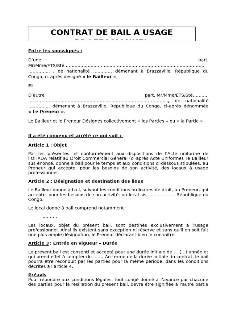 Contrat de Bail Professionnel Congo | PDF | Droit privé