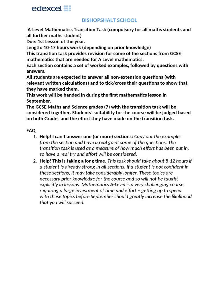 A-Level Maths Transition Task Guide | PDF | Quadratic Equation ...
