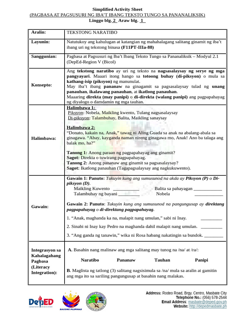 Simplified Activity Sheet FILIPINO 11 MODYUL 2.1 WEEK 2 | PDF