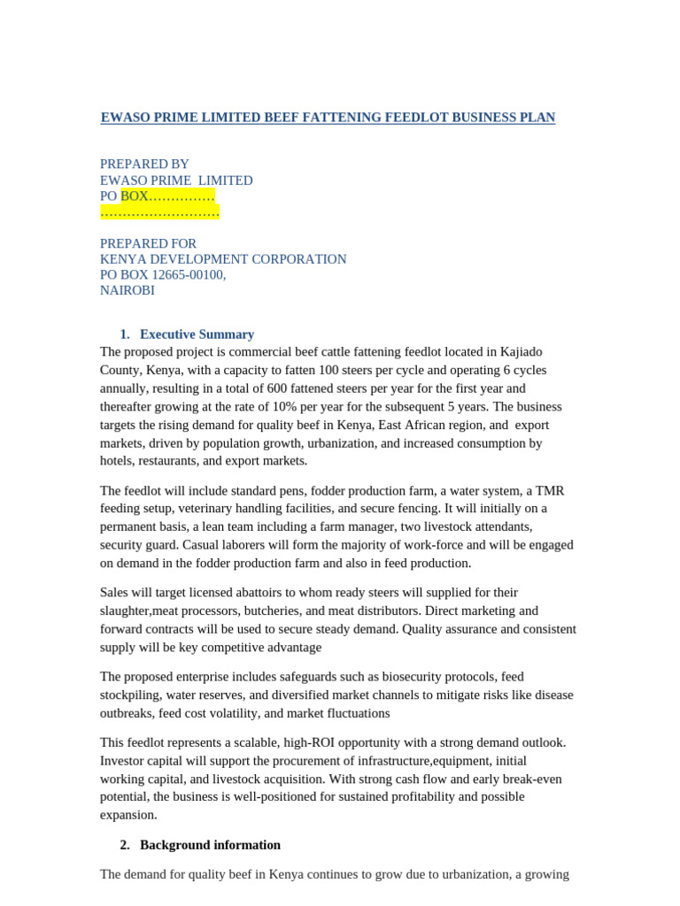 Ewaso Prime Kdc Business Plan Draft 3 | PDF | Beef | Expense