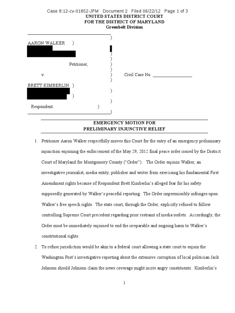 Emergency Motion For Preliminary Injunctive Relief: Aaron Walker v ...