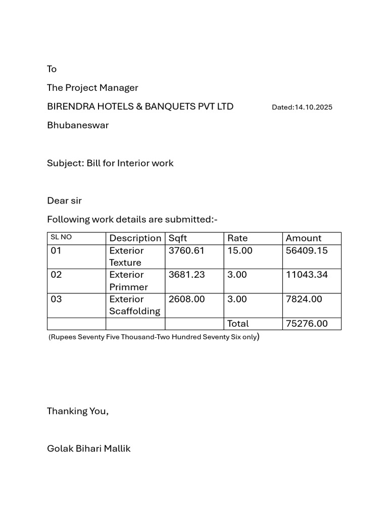 Interior Work Bill for BIRENDRA HOTELS | PDF