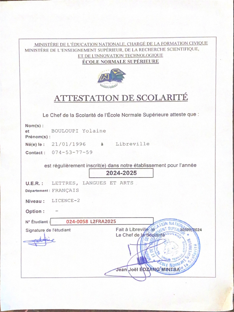 Attestation de Scolarité Yoyo | PDF
