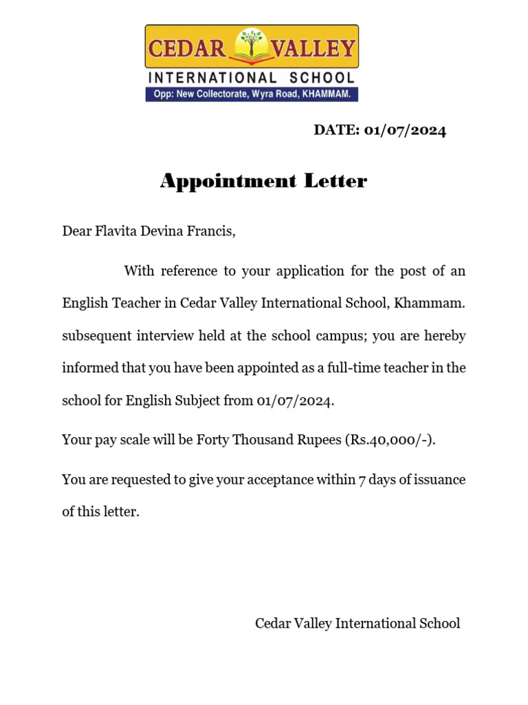 Appointment Letter for English Teacher | PDF