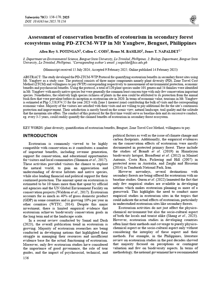 Assessment of conservation benefits of ecotourism in secondary forest ...