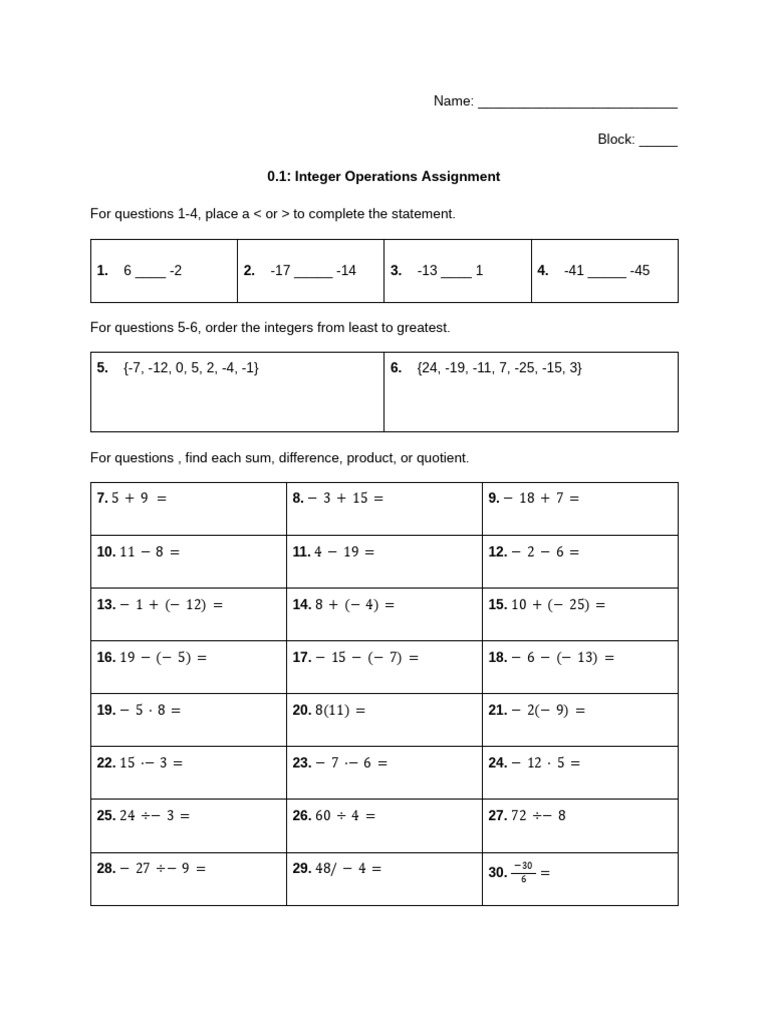 Integer Operations Assignment - Google Docs | PDF