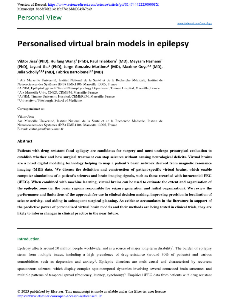 Virtual Brain Model in Epilepsy | PDF | Epilepsy | Medical Specialties