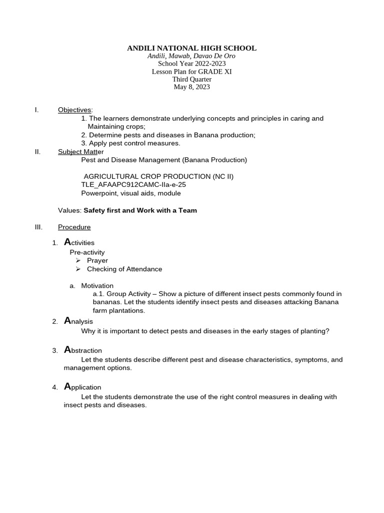 Pest and Disease Management (Banana Production) | PDF | Lesson Plan ...