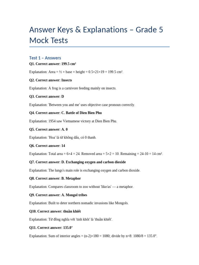Grade 5 Mock Test Answer Keys | PDF
