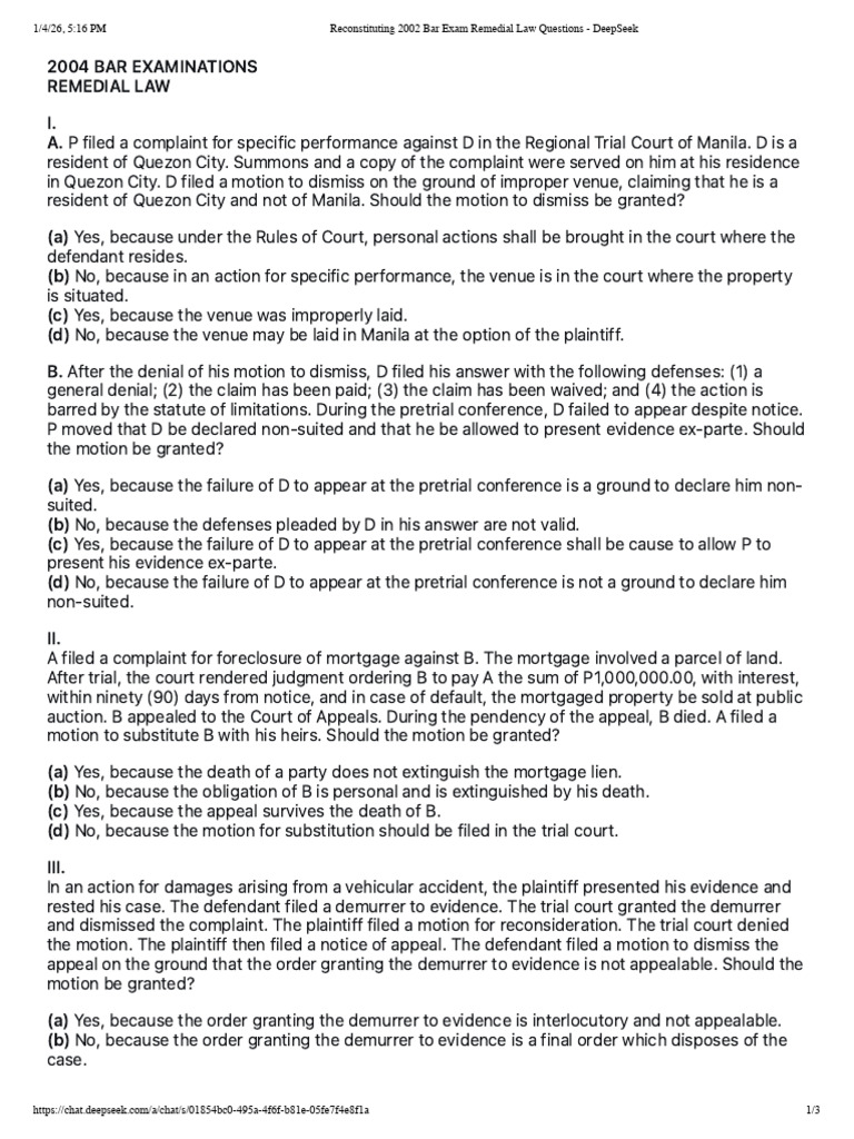 2004 Bar Exam Remedial Law Questions | PDF | Demurrer | Complaint