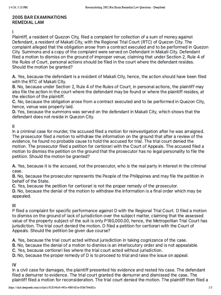 2005 BQs Remedial Law | PDF | Demurrer | Lawsuit