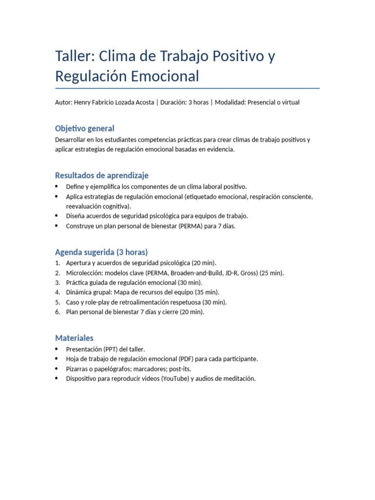 Taller Clima Positivo y Regulacion Emocional Henry | PDF | Las ...