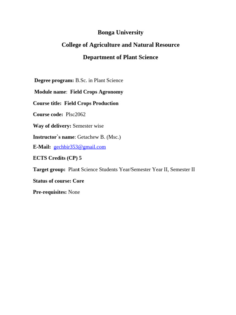 Filed Crop Production Handout | PDF | Agriculture | Crops